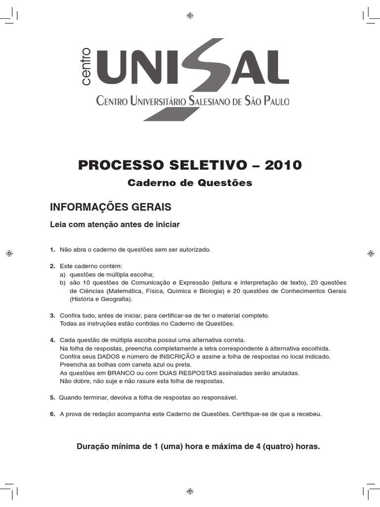 Prova 2010 - Unisal | PDF