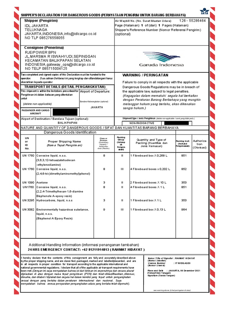 Shipper (Pengirim) Shipper'S Declaration For Dangerous Goods ...