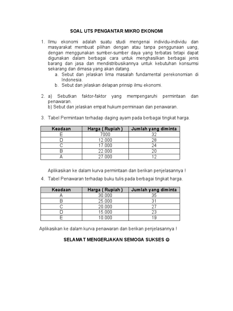 Soal Uts Pengantar Mikro Ekonomi | PDF