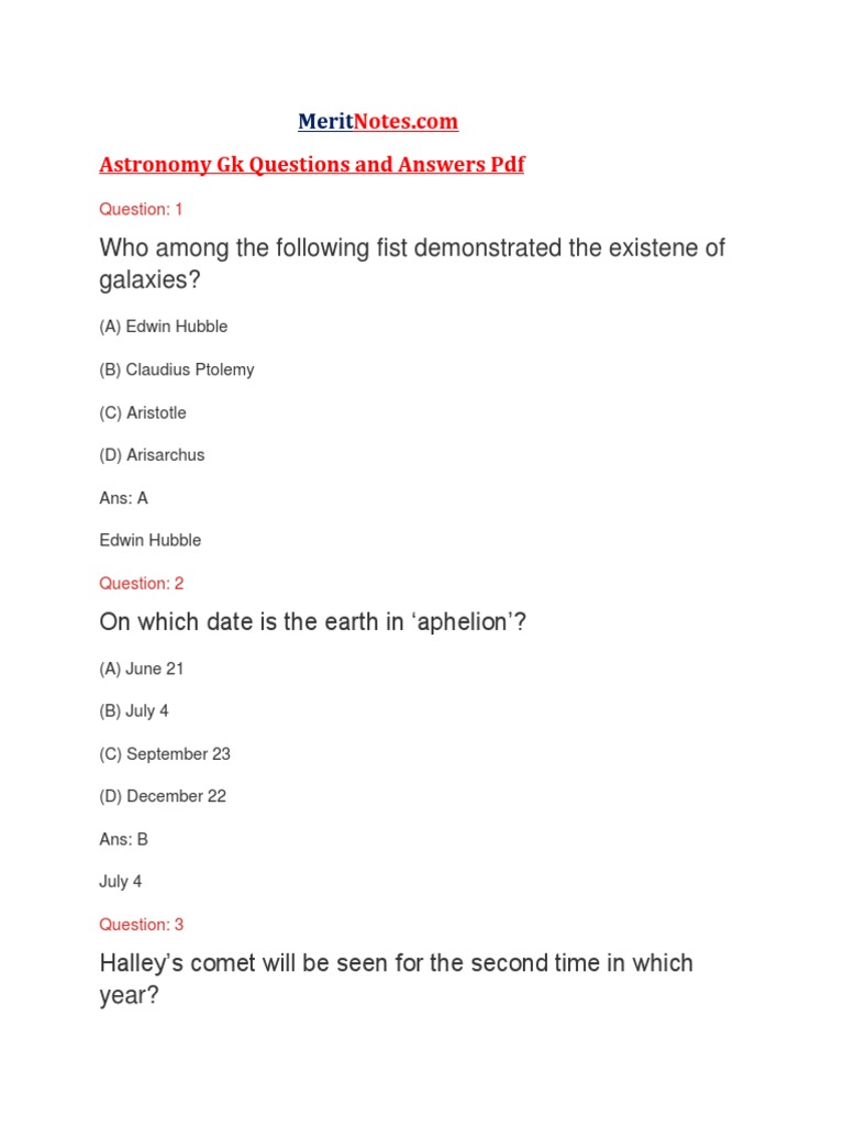 Astronomy GK Questions & Answers | PDF | Science & Mathematics