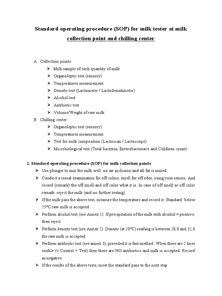 SOP for Milk Testing at Collection Points | PDF | Odor | Density