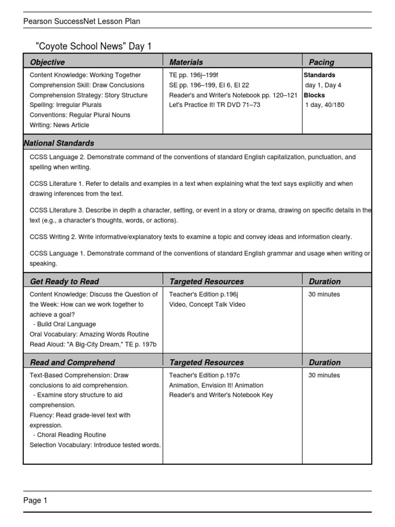 Coyote School News Lesson Plan | PDF | Reading Comprehension | Learning