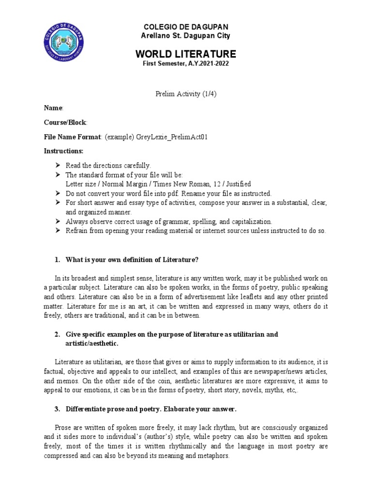 World Literature: First Semester, A.Y.2021-2022 | PDF | Poetry | Writing