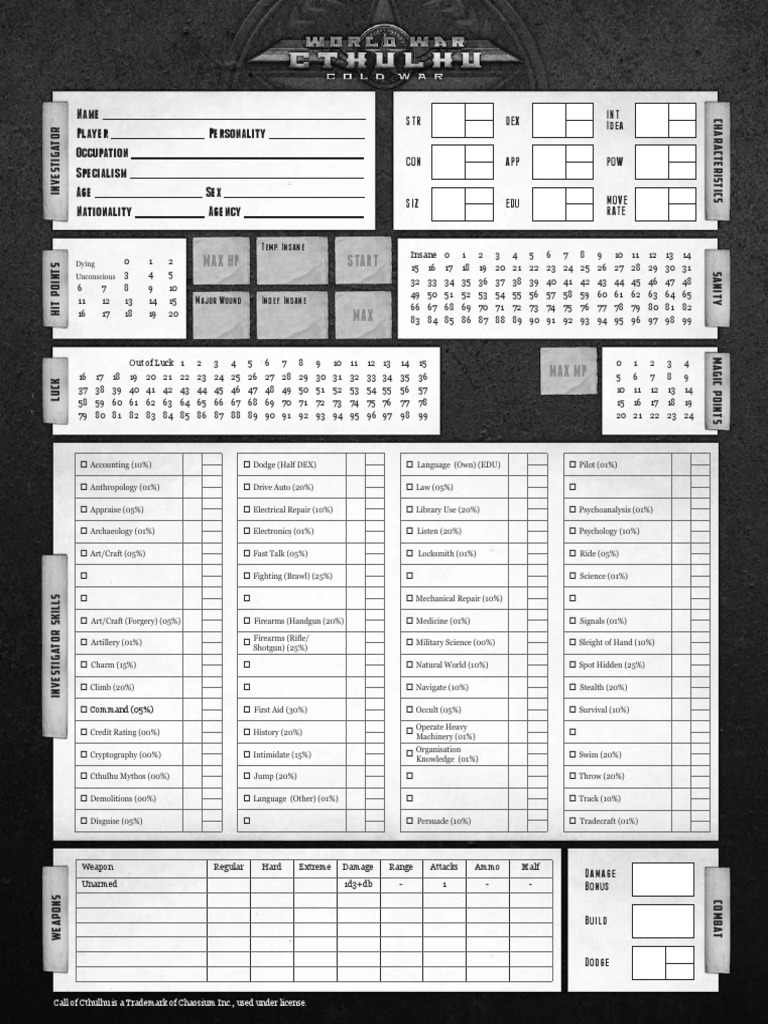 World War Cthulhu - Cold War - Character Sheet | PDF