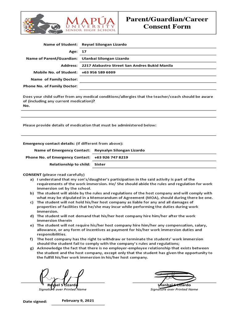 Work Immersion Parental Consent Form | PDF | Justice | Crime & Violence