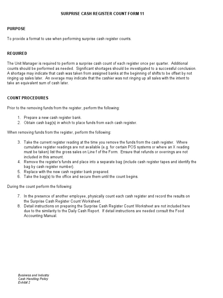 Surprise Cashier Audit Count Form 11 | PDF | Service Industries