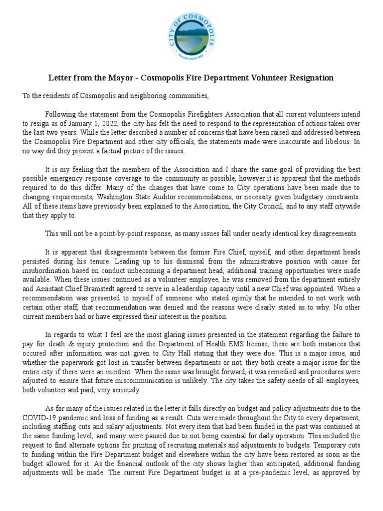 Letter Responding To Cosmopolis Fire Department Volunteer Resignation ...