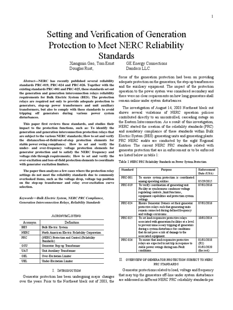 Setting and Verification of Generation Protection To Meet NERC ...