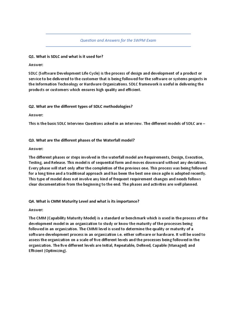 Question and Answers For The SWPM Exam | PDF | Software Development Process | Agile Software ...