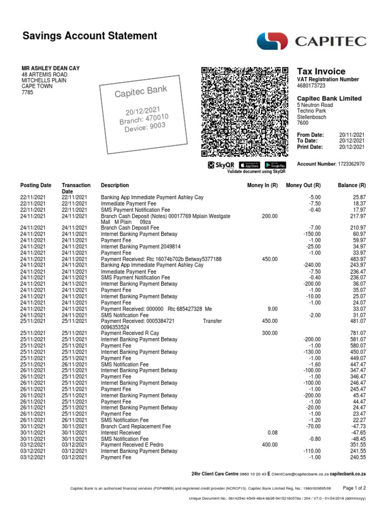 Savings Account Statement: Capitec B Ank | PDF | Payments | Fee