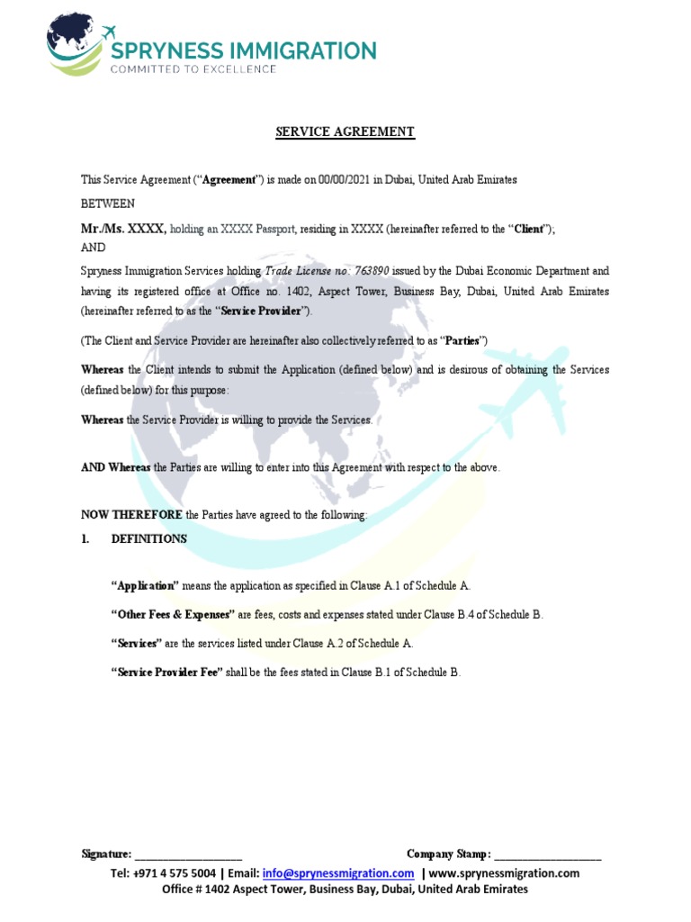 Spryness Immigration Services Agreement | PDF | Damages | Fee