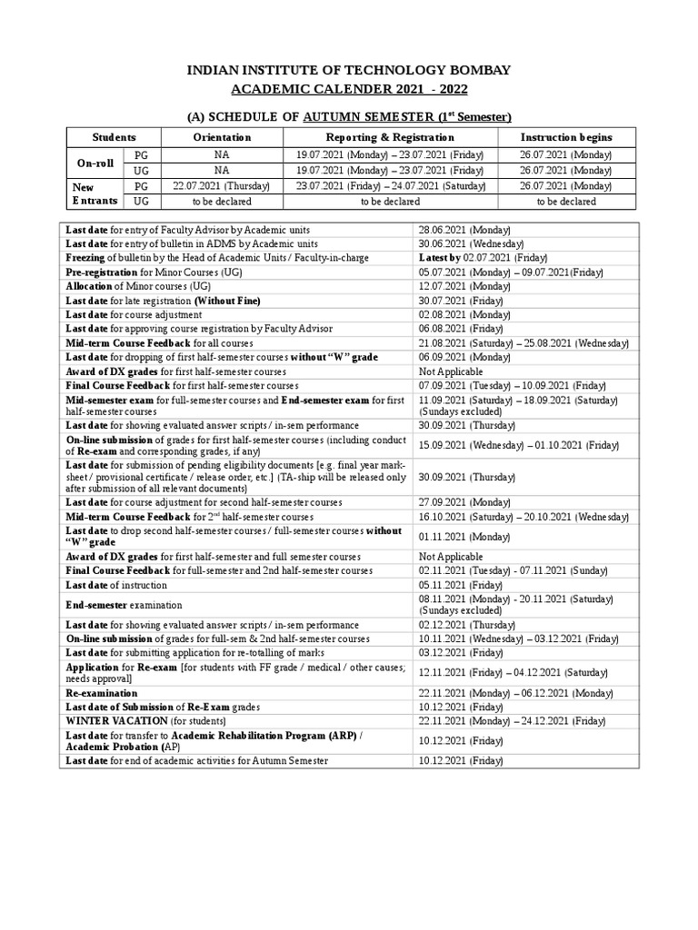 Indian Institute of Technology Bombay Academic Calender 2021 - 2022 ...