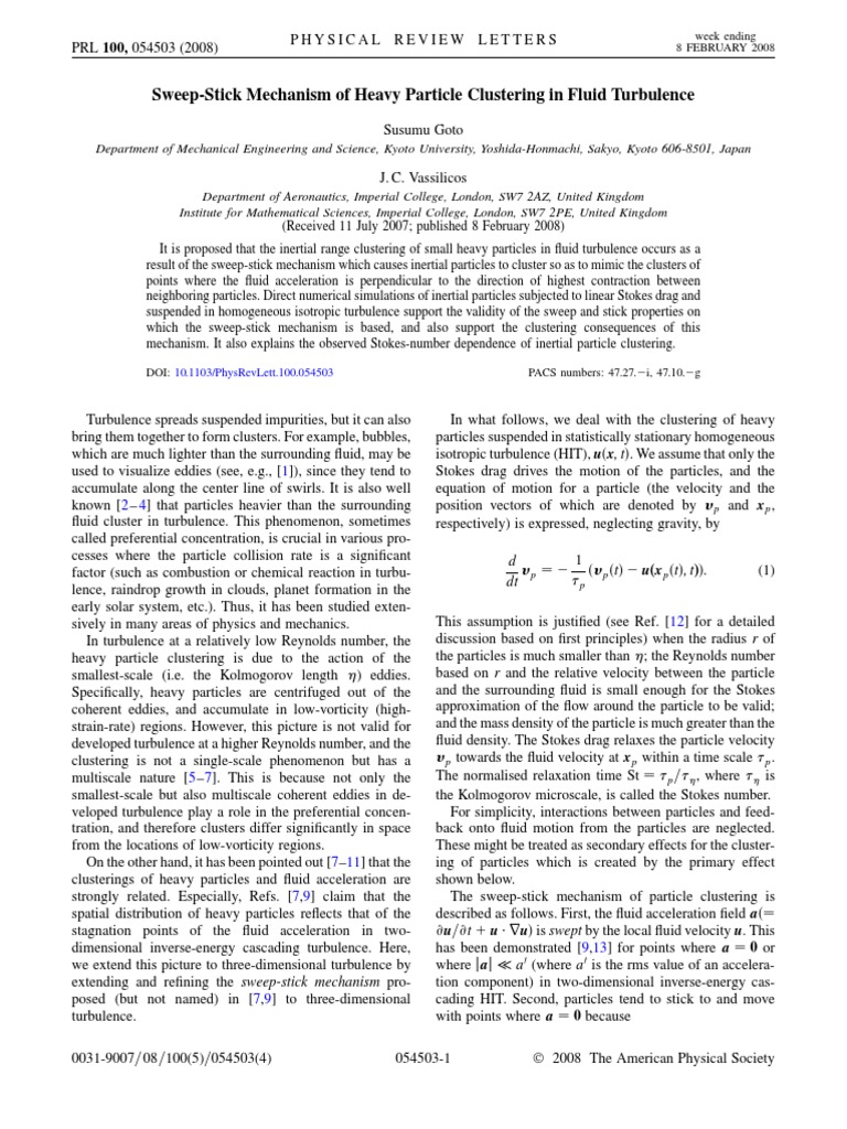Sweep-Stick Mechanism of Heavy Particle Clustering in Fluid Turbulence | PDF | Turbulence ...