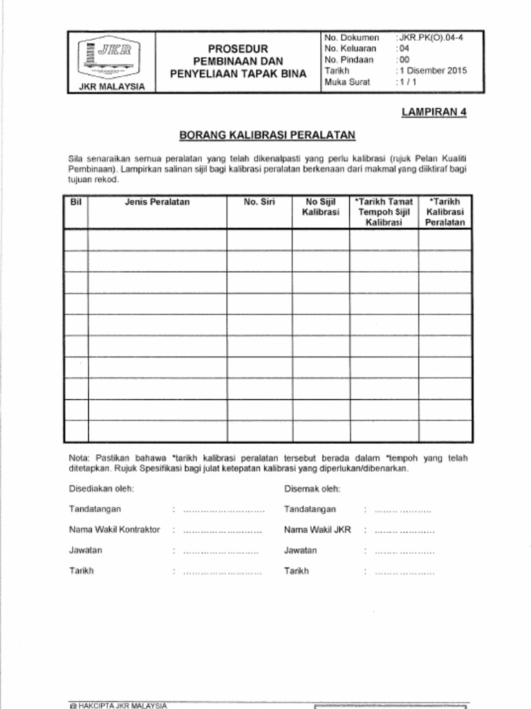 JKR-borang Kalibrasi Peralatan | PDF