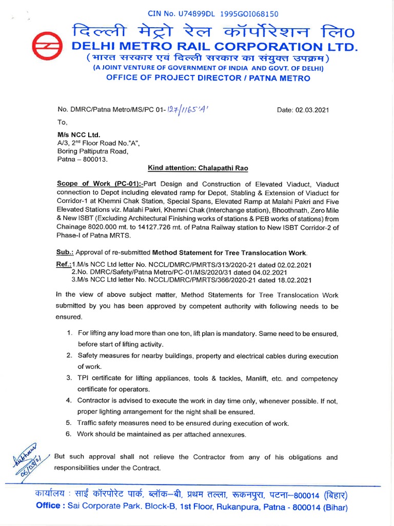Approved Method Statement For Tree Translocation Works | PDF