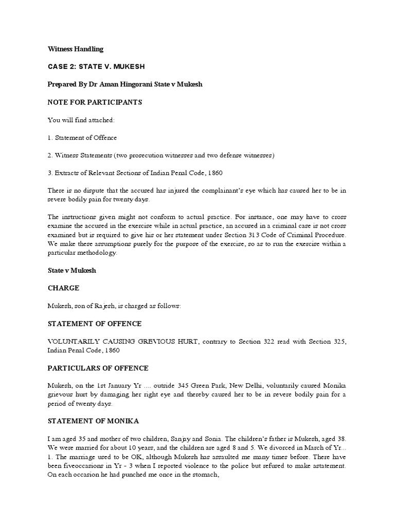 Witness Handling Case 2: State V. Mukesh Prepared by DR Aman Hingorani ...