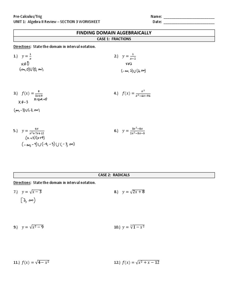 Pre-Calculus Trig Algebra II Review Domain Worksheet | PDF ...