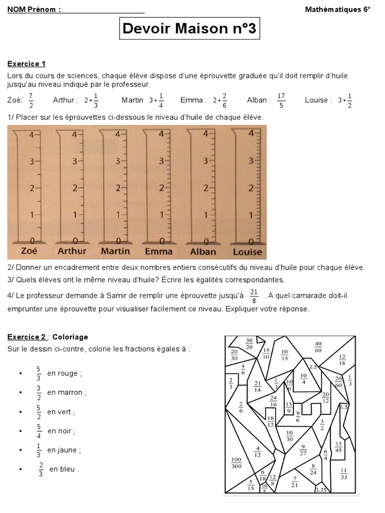 Exercices de mathématiques 6e : fractions et codage | PDF