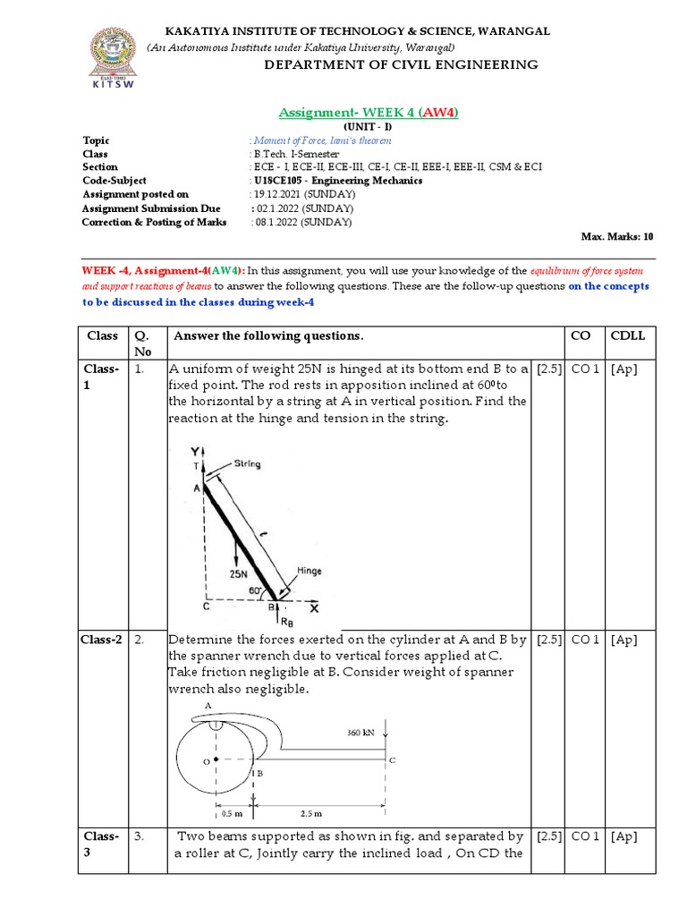 Assignment-WEEK 4 : Department of Civil Engineering | PDF | Force ...