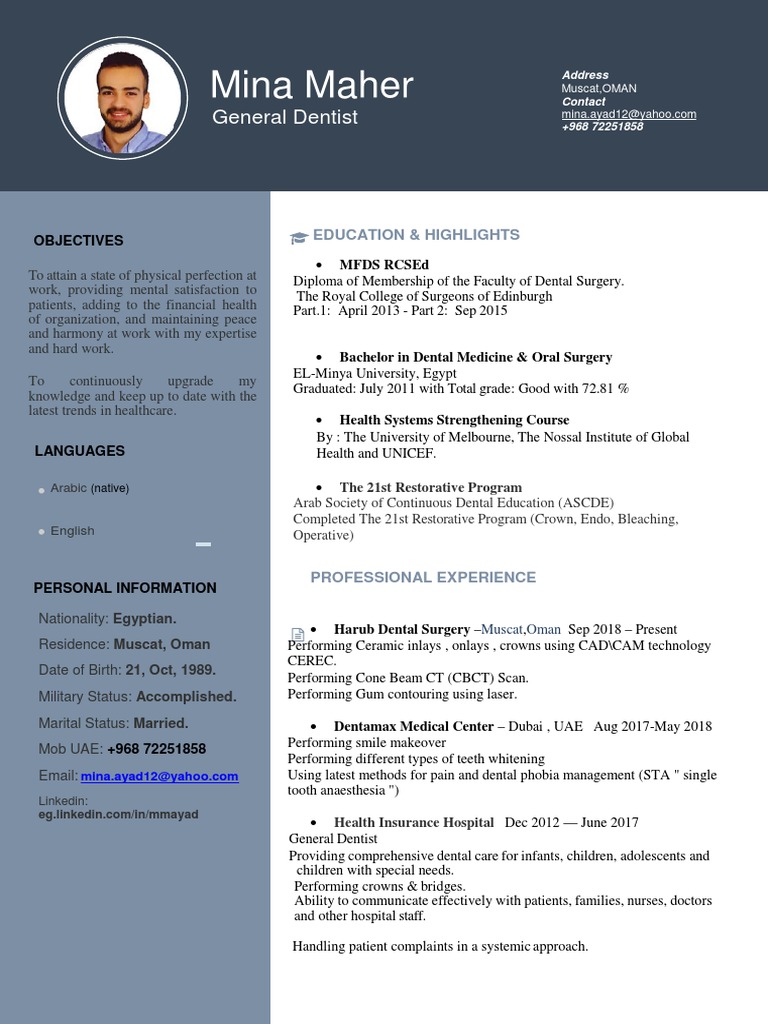 DR Mina Maher CV | PDF | Dentistry | Mouth