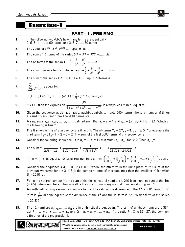 Part I Pre Rmo Sequence Series Pdf Summation Sequence