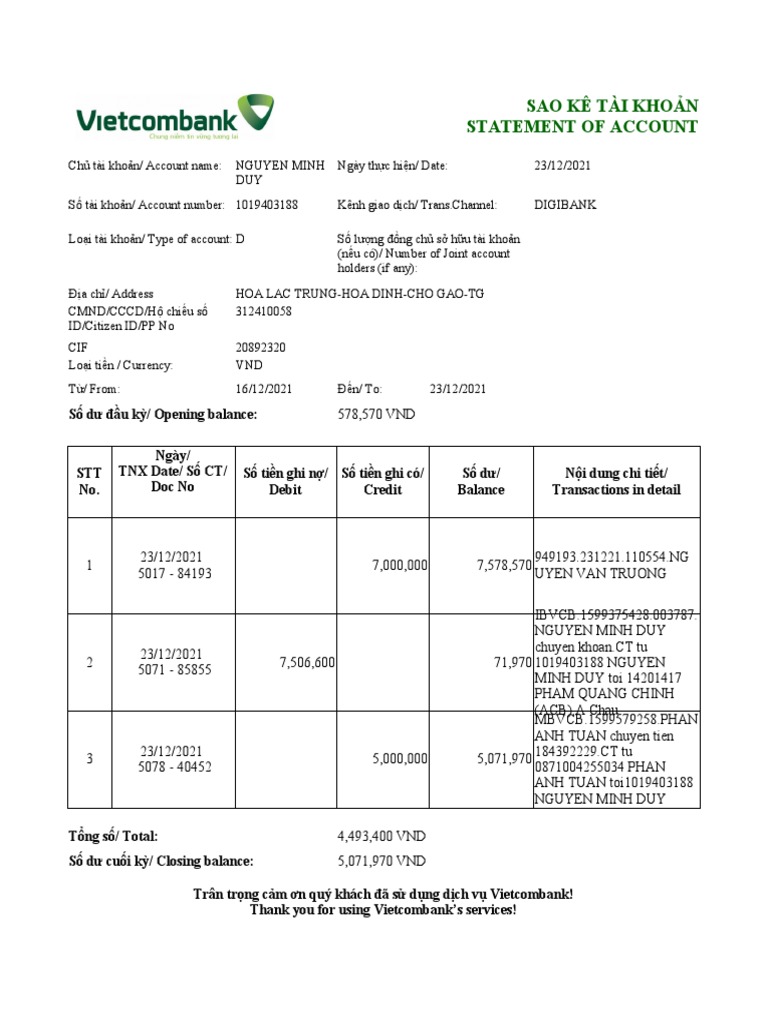 Vietcombank Account Statement | PDF