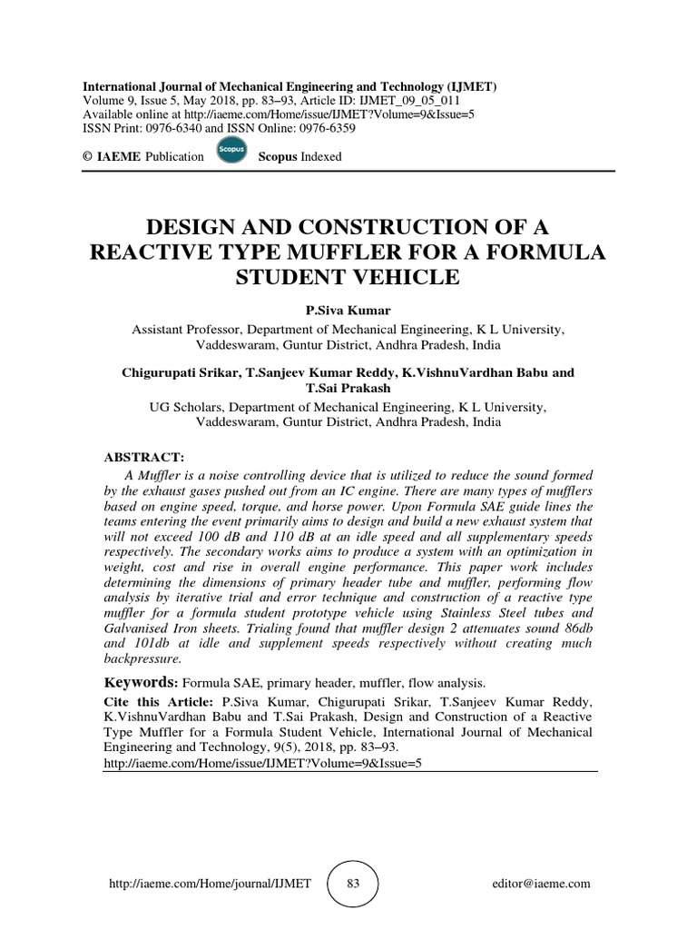 Design and Construction of A Reactive Type Muffler For A Fsae Car | PDF ...
