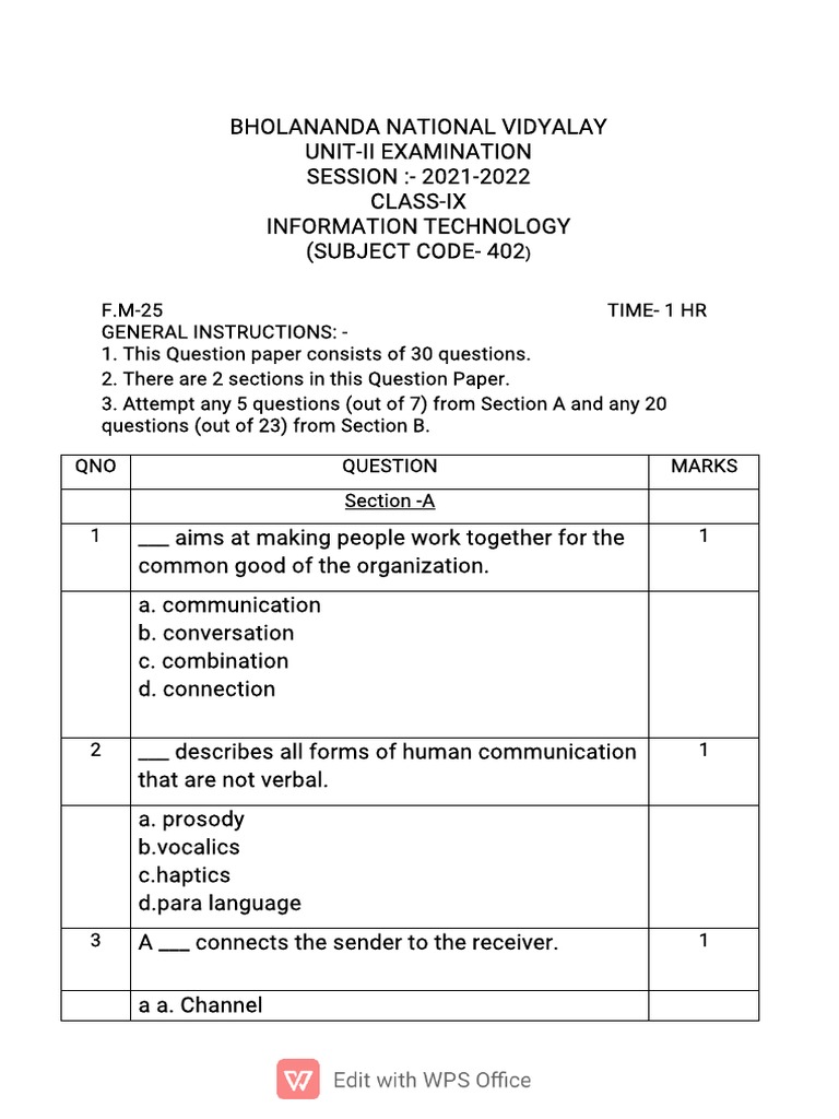 Information Technology - Unit 2 Examination | PDF