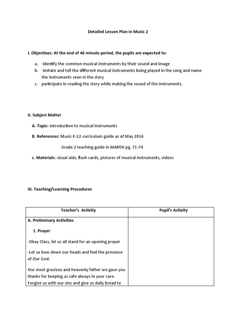 Grade 2 Music Lesson Plan: Instruments | PDF | Lesson Plan | Prayer