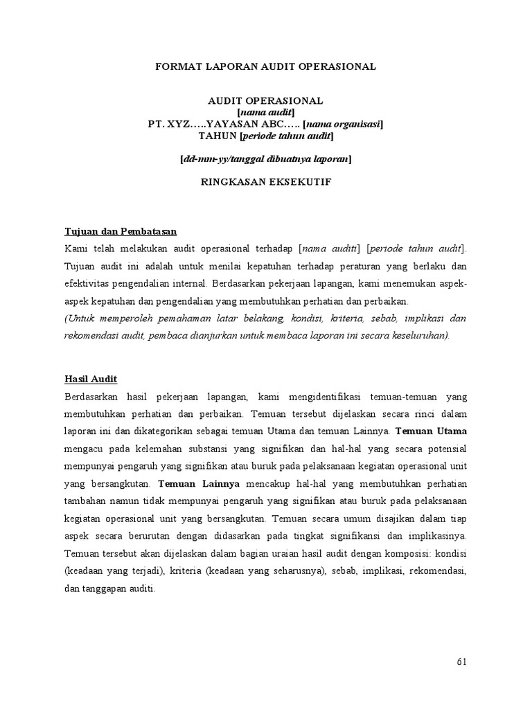 5.0. Contoh Format Laporan Hasil Audit Operasional | PDF