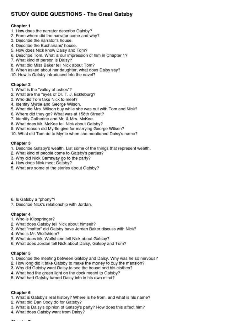 Study Guide Questions - The Great Gatsby | PDF | The Great Gatsby | Novels