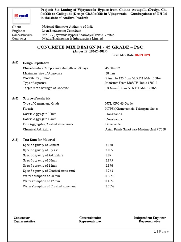 Concrete Mix Design M - 45 Grade - PSC: Client Engineer | PDF ...
