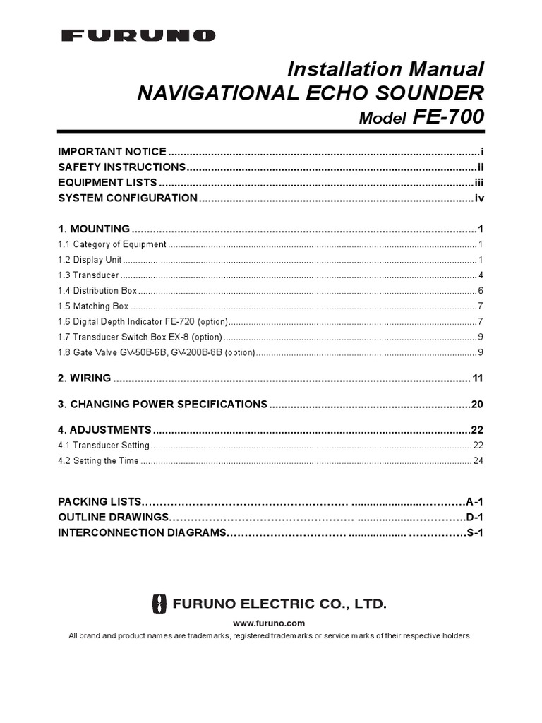 Installation Manual Navigational Echo Sounder FE-700: Model | PDF ...