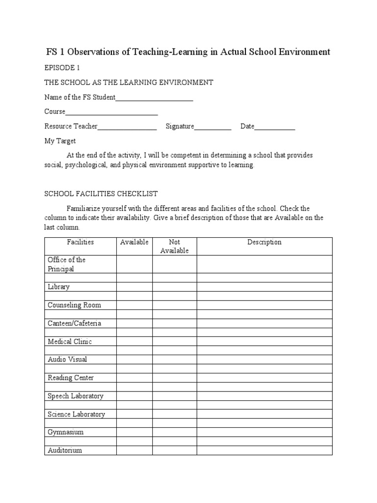 FS 1 Observations of Teaching-Learning in Actual School Environment ...