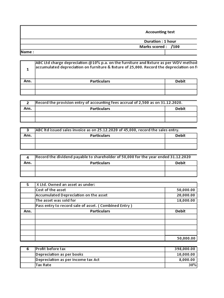 Accounting Test Instructions and Entries | PDF | Debits And Credits ...