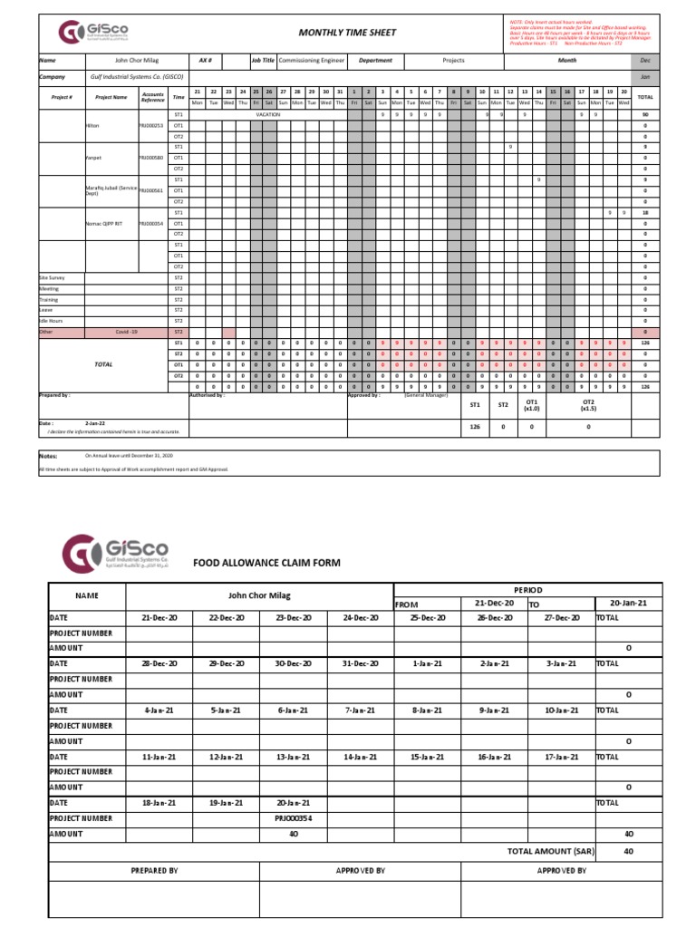 Monthly Timesheet for Commissioning Engineer at Gulf Industrial Systems ...