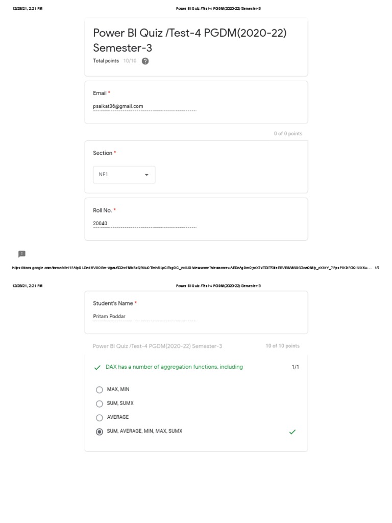 Power BI Quiz - Test-4 PGDM (2020-22) Semester-3 | PDF | Databases | Sql