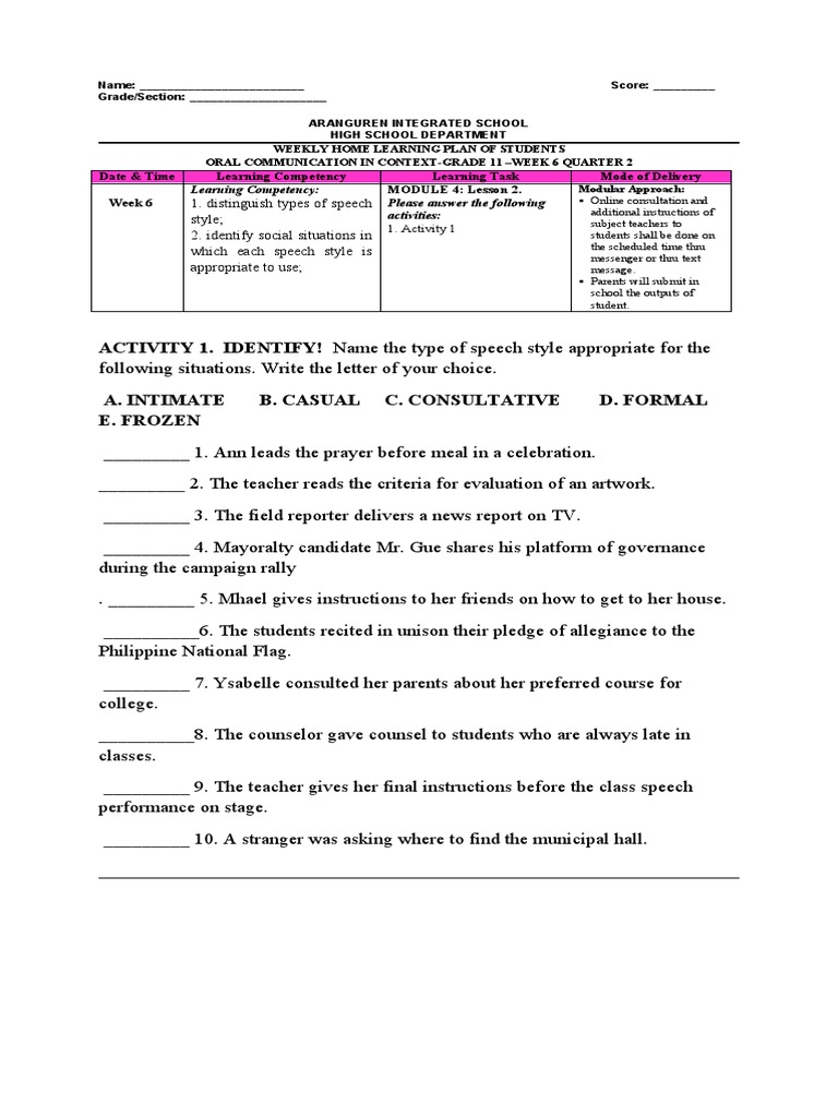 ACTIVITY 1. IDENTIFY! Name The Type of Speech Style Appropriate For The ...