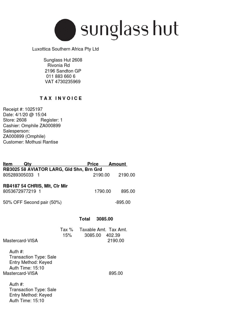 Sunglass Hut Invoice and Oops Coverage | PDF | Retail | Sunglasses