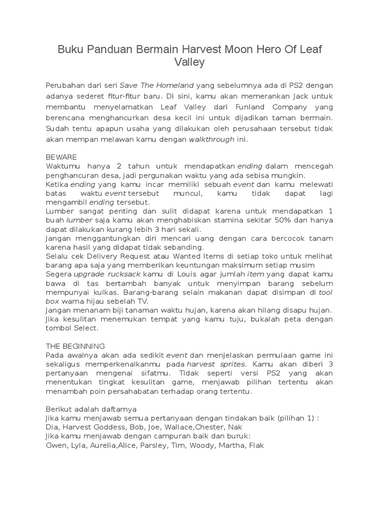 Panduan Lengkap Harvest Moon HOLV | PDF