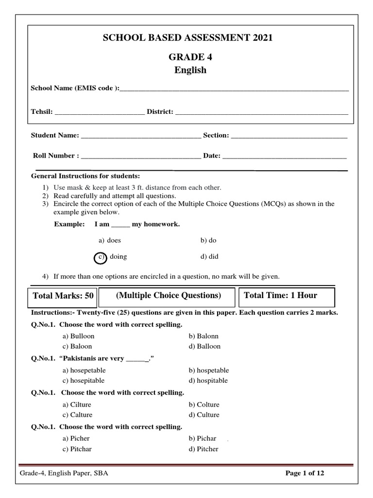 English Grade-4 | PDF | Multiple Choice