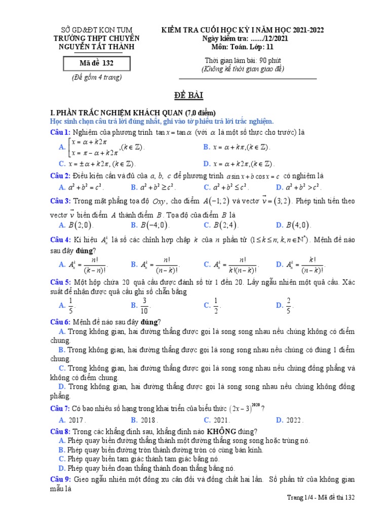 De Cuoi hk1 Toan 11 Nam 2021 2022 Truong Chuyen Nguyen Tat Thanh Kon Tum | PDF