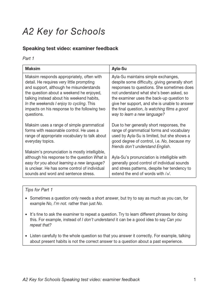 A2 Key For Schools - Speaking Test - Examiner Feedback | PDF | Speech ...