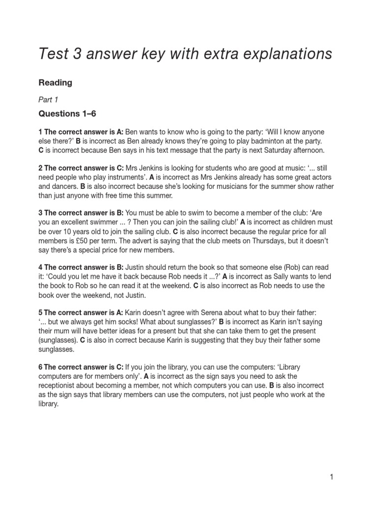 Test 3 Answer Key, Reading | PDF | Adjective | Verb