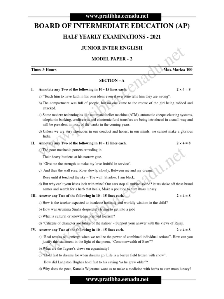 Board of Intermediate Education (Ap) : Half Yearly Examinations - 2021 ...