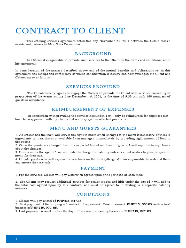 Clients Contact Agreement | PDF | Fee | Menu