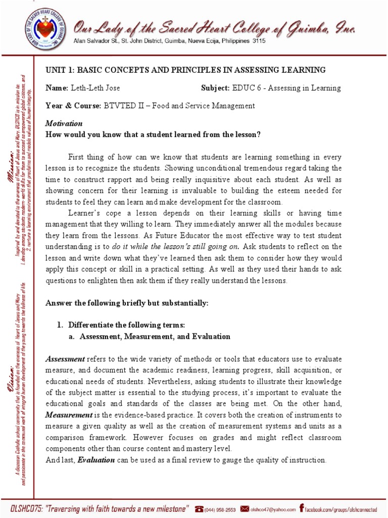 Module 1 Basic Concepts and Principles in Assessing Learning | PDF | Educational Assessment ...