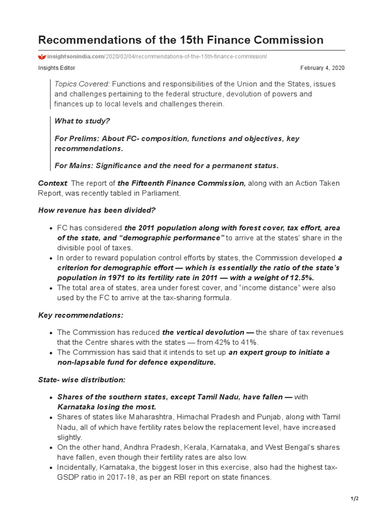 Recommendations of The 15th Finance Commission | PDF | Government ...