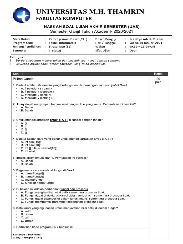 Soal Dan Lembar Jawaban UAS - Pemrograman Dasar C++ TI | PDF Soal Dan Lembar Jawaban UAS - Pemrograman Dasar C++ TI | PDF