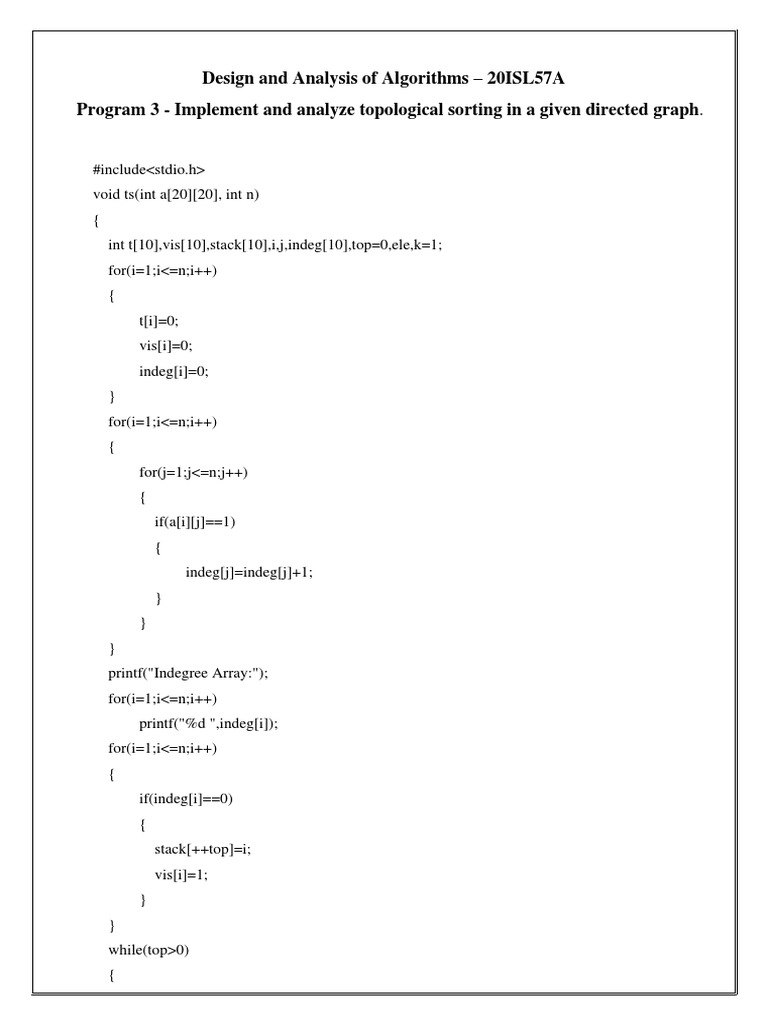 Design and Analysis of Algorithms - 20ISL57A Program 3 - Implement and ...